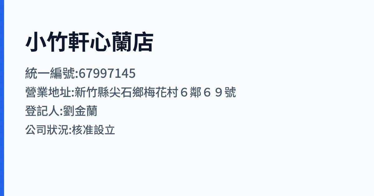 小竹軒心蘭店 - 統編 67997145(新竹縣) 公司登記資料與營業項目詳細圖表