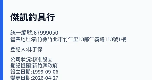 傑凱釣具行的照片-統編 67999050(新竹縣) 公司登記資料與營業項目詳細圖表