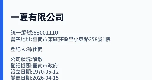 一夏有限公司的照片-統編 68001110(臺南市) 公司登記資料與營業項目詳細圖表