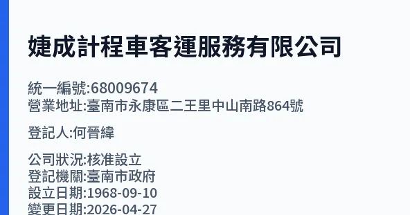 婕成計程車客運服務有限公司的照片-統編 68009674(臺南市) 公司登記資料與營業項目詳細圖表