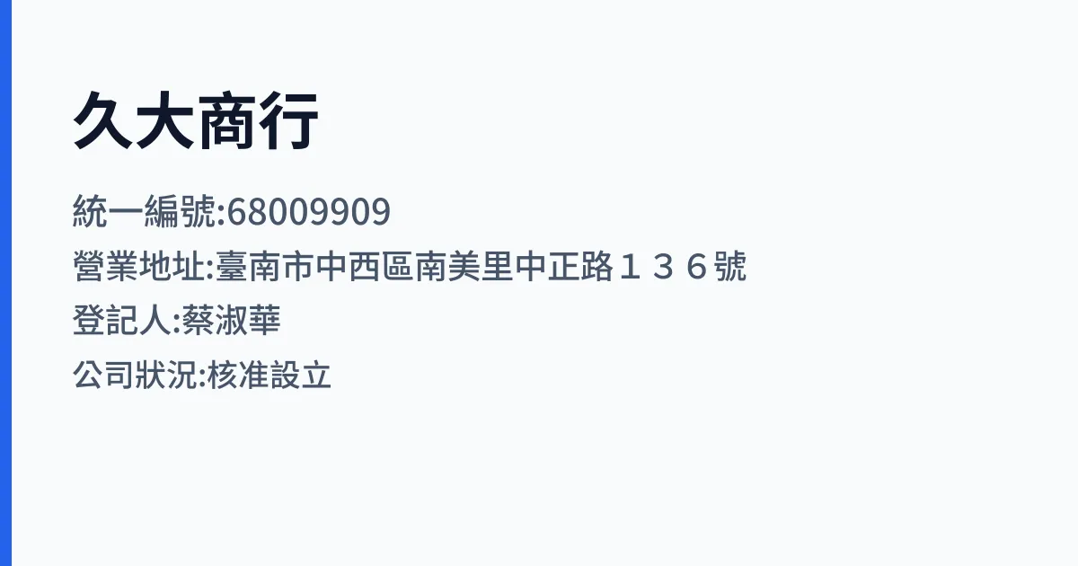 久大商行 - 統編 68009909(臺南市) 公司登記資料與營業項目詳細圖表
