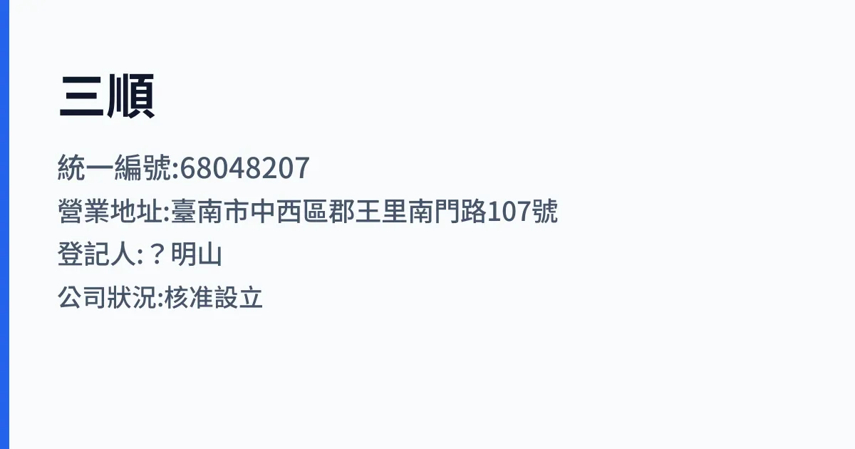 三順 - 統編 68048207(臺南市) 公司登記資料與營業項目詳細圖表