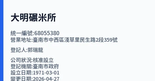 大明碾米所的照片-統編 68055380(臺南市) 公司登記資料與營業項目詳細圖表