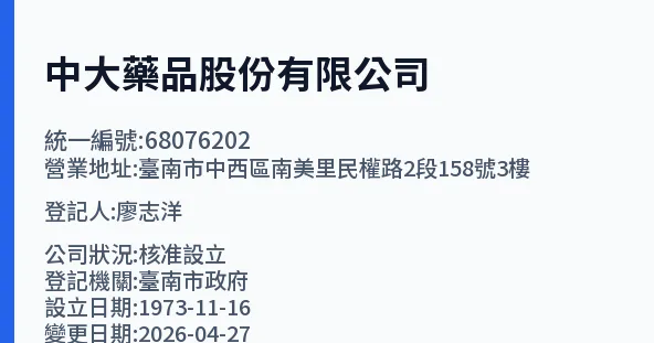 中大藥品股份有限公司的照片-統編 68076202(臺南市) 公司登記資料與營業項目詳細圖表