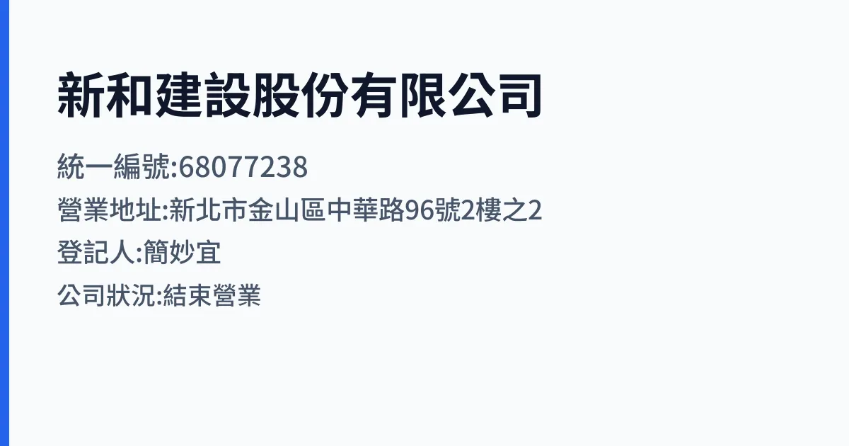新和建設股份有限公司 - 統編 68077238(新北市) 公司登記資料與營業項目詳細圖表