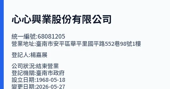 心心興業股份有限公司的照片-統編 68081205(臺南市) 公司登記資料與營業項目詳細圖表