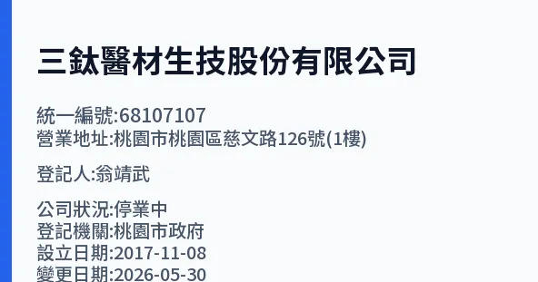 三鈦醫材生技股份有限公司的照片-統編 68107107(桃園市) 公司登記資料與營業項目詳細圖表