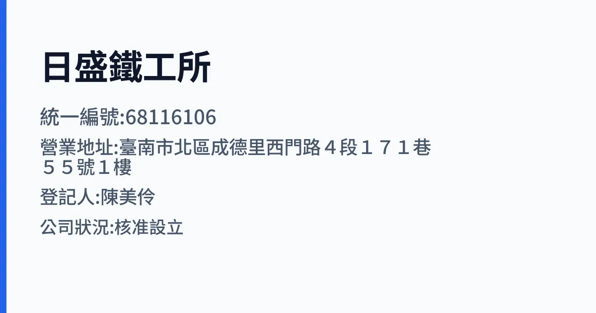 日盛鐵工所 - 統編 68116106(臺南市) 公司登記資料與營業項目詳細圖表