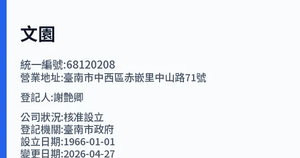 文園的照片-統編 68120208(臺南市) 公司登記資料與營業項目詳細圖表