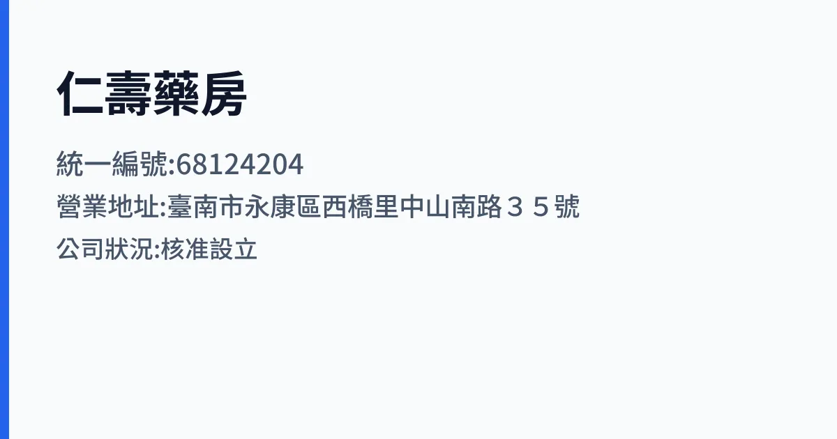 仁壽藥房 - 統編 68124204(臺南市) 公司登記資料與營業項目詳細圖表