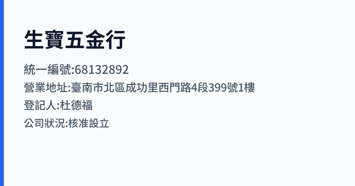 生寶五金行 - 統編 68132892(臺南市) 公司登記資料與營業項目詳細圖表