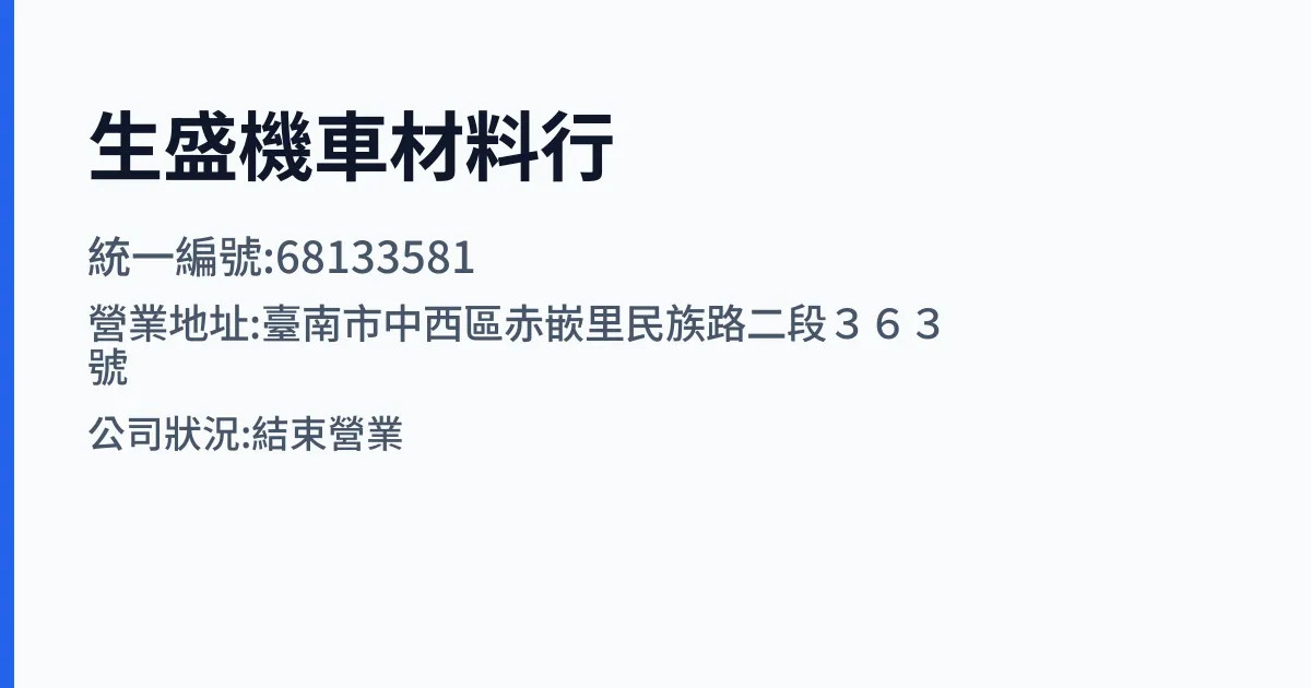 生盛機車材料行 - 統編 68133581(臺南市) 公司登記資料與營業項目詳細圖表