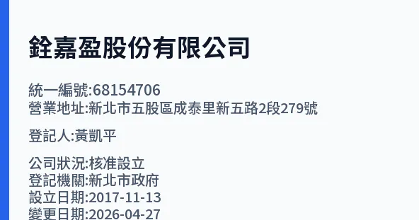 銓嘉盈股份有限公司的照片-統編 68154706(新北市) 公司登記資料與營業項目詳細圖表