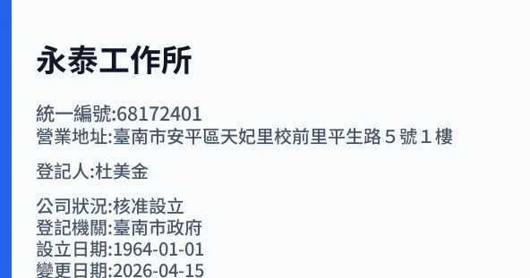 永泰工作所的照片-統編 68172401(臺南市) 公司登記資料與營業項目詳細圖表