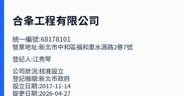 合夆工程有限公司的照片-統編 68178101(新北市) 公司登記資料與營業項目詳細圖表