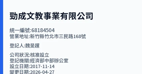 勁成文教事業有限公司的照片-統編 68184504(新竹縣) 公司登記資料與營業項目詳細圖表