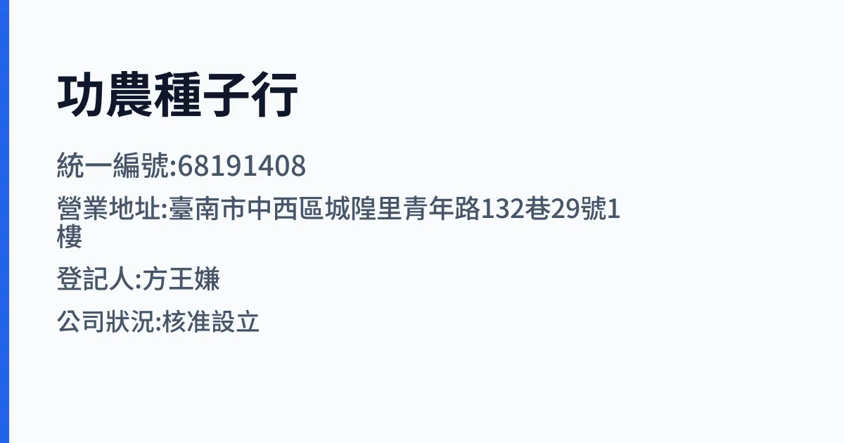 功農種子行 - 統編 68191408(臺南市) 公司登記資料與營業項目詳細圖表