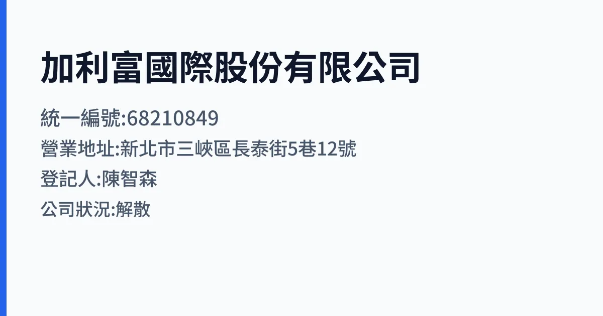 加利富國際股份有限公司 - 統編 68210849(新北市) 公司登記資料與營業項目詳細圖表