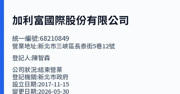 加利富國際股份有限公司的照片-統編 68210849(新北市) 公司登記資料與營業項目詳細圖表