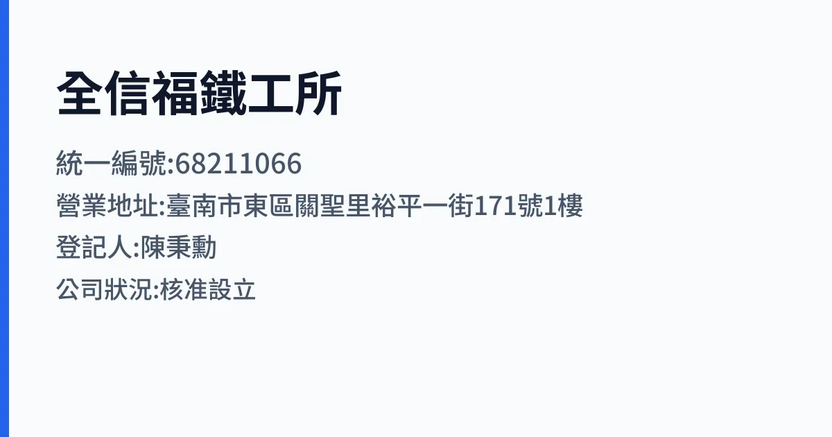 全信福鐵工所 - 統編 68211066(臺南市) 公司登記資料與營業項目詳細圖表