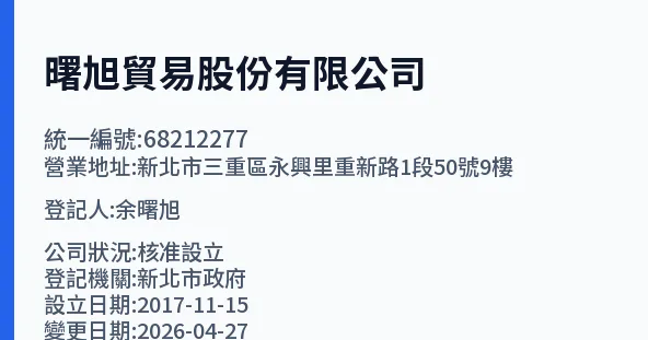 曙旭貿易股份有限公司的照片-統編 68212277(新北市) 公司登記資料與營業項目詳細圖表