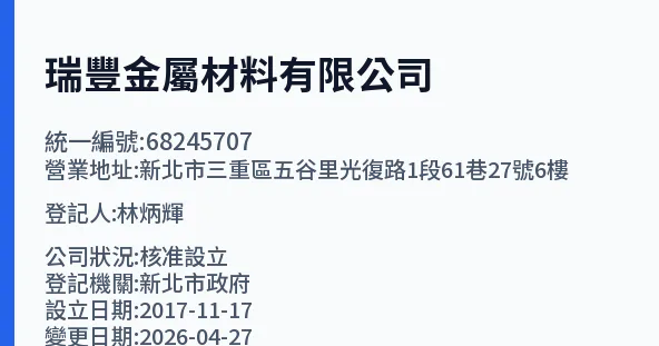 瑞豐金屬材料有限公司的照片-統編 68245707(新北市) 公司登記資料與營業項目詳細圖表