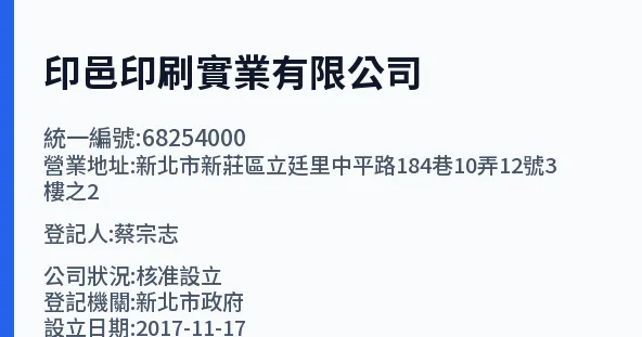 印邑印刷實業有限公司的照片-統編 68254000(新北市) 公司登記資料與營業項目詳細圖表