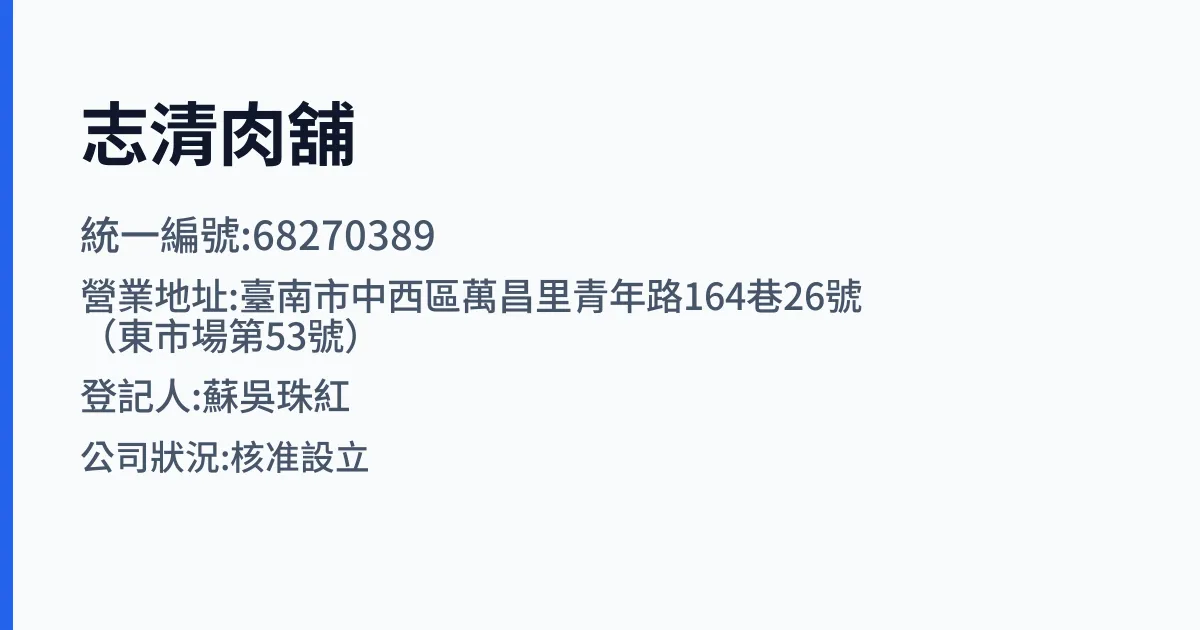 志清肉舖 - 統編 68270389(臺南市) 公司登記資料與營業項目詳細圖表
