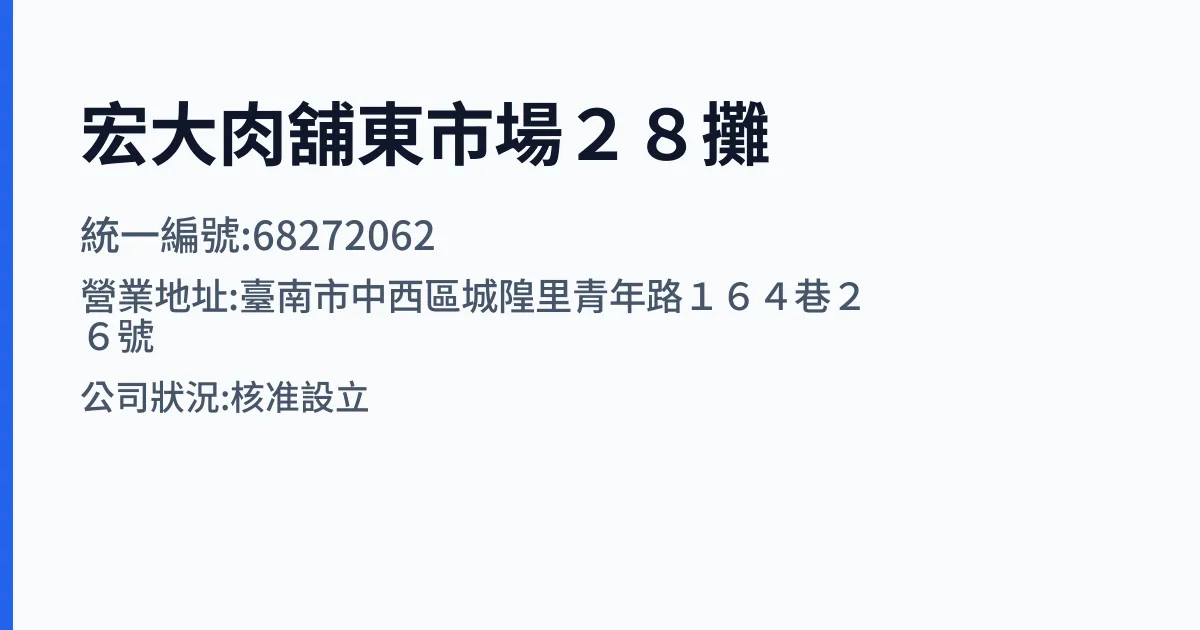 宏大肉舖東市場２８攤 - 統編 68272062(臺南市) 公司登記資料與營業項目詳細圖表