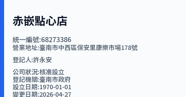 赤嵌點心店的照片-統編 68273386(臺南市) 公司登記資料與營業項目詳細圖表