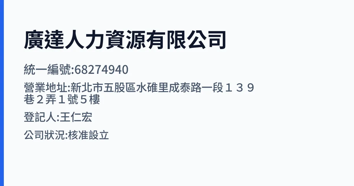 廣達人力資源有限公司 - 統編 68274940(新北市) 公司登記資料與營業項目詳細圖表