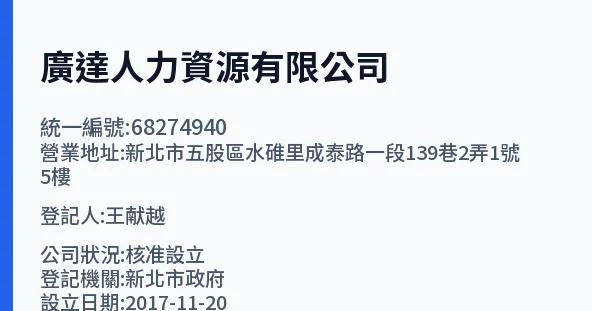 廣達人力資源有限公司的照片-統編 68274940(新北市) 公司登記資料與營業項目詳細圖表