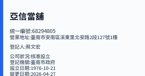 亞信當舖的照片-統編 68294805(臺南市) 公司登記資料與營業項目詳細圖表