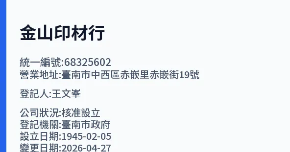 金山印材行的照片-統編 68325602(臺南市) 公司登記資料與營業項目詳細圖表