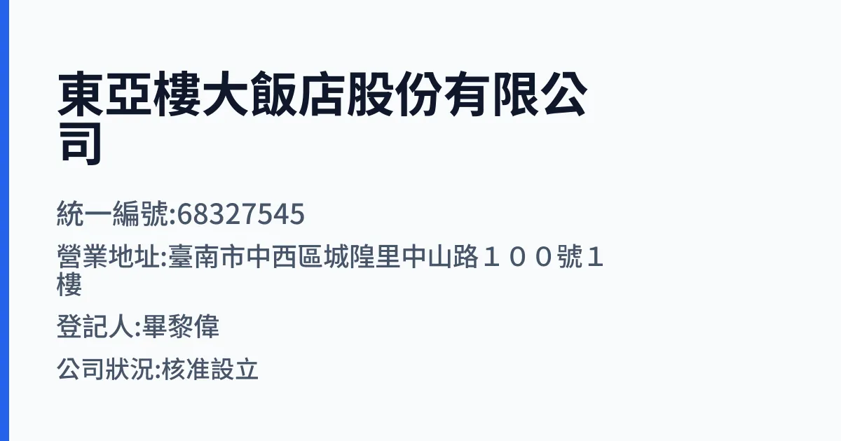 東亞樓大飯店股份有限公司 - 統編 68327545(臺南市) 公司登記資料與營業項目詳細圖表