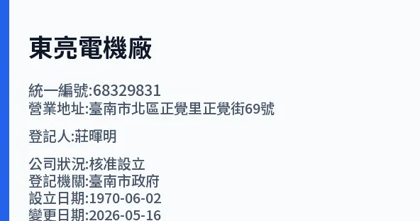 東亮電機廠的照片-統編 68329831(臺南市) 公司登記資料與營業項目詳細圖表