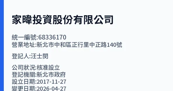 家暐投資股份有限公司的照片-統編 68336170(新北市) 公司登記資料與營業項目詳細圖表