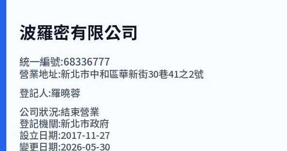 波羅密有限公司的照片-統編 68336777(新北市) 公司登記資料與營業項目詳細圖表