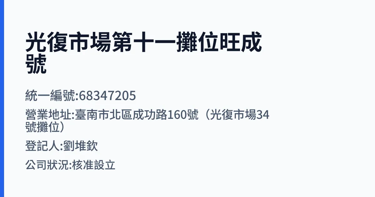 光復市場第十一攤位旺成號 - 統編 68347205(臺南市) 公司登記資料與營業項目詳細圖表
