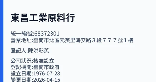 東昌工業原料行的照片-統編 68372301(臺南市) 公司登記資料與營業項目詳細圖表