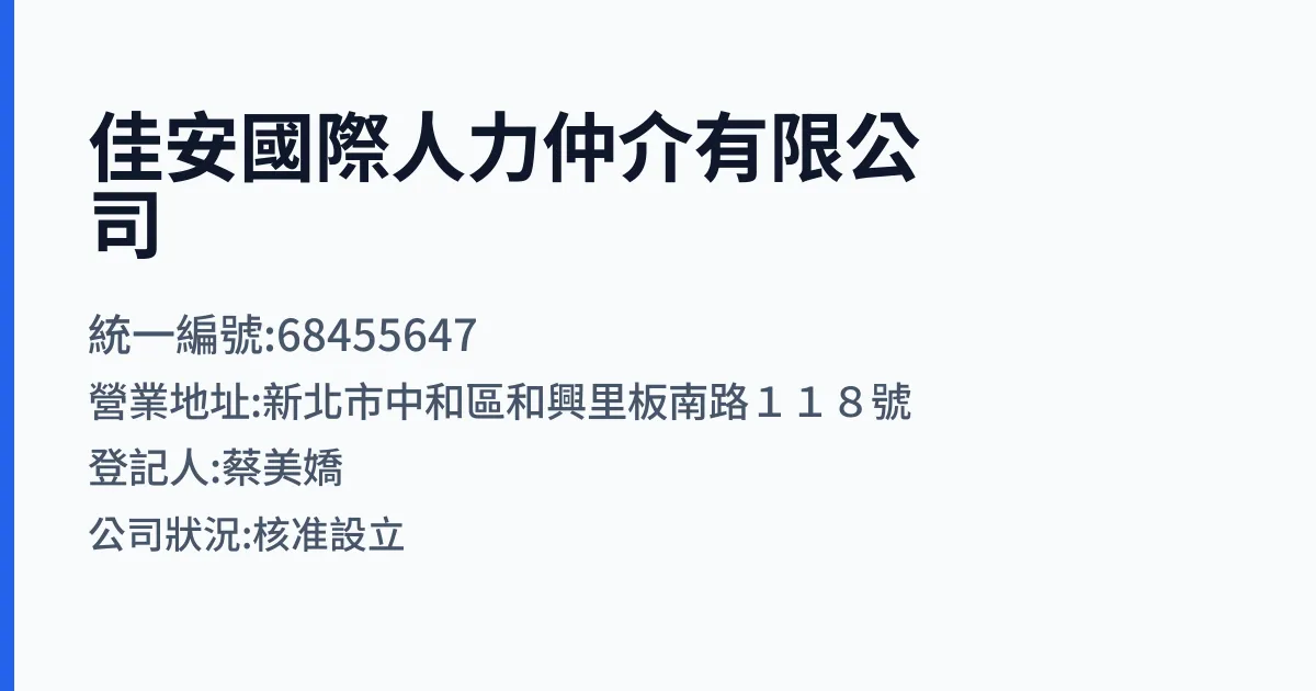 佳安國際人力仲介有限公司 - 統編 68455647(新北市) 公司登記資料與營業項目詳細圖表