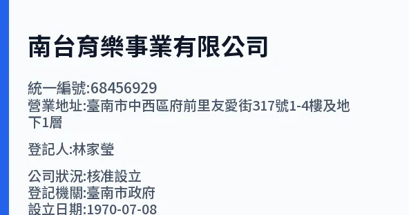 南台育樂事業有限公司的照片-統編 68456929(臺南市) 公司登記資料與營業項目詳細圖表