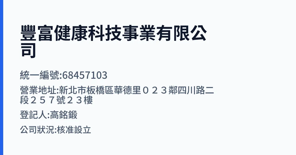 豐富健康科技事業有限公司 - 統編 68457103(新北市) 公司登記資料與營業項目詳細圖表