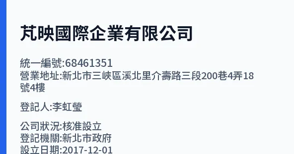 芃映國際企業有限公司的照片-統編 68461351(新北市) 公司登記資料與營業項目詳細圖表