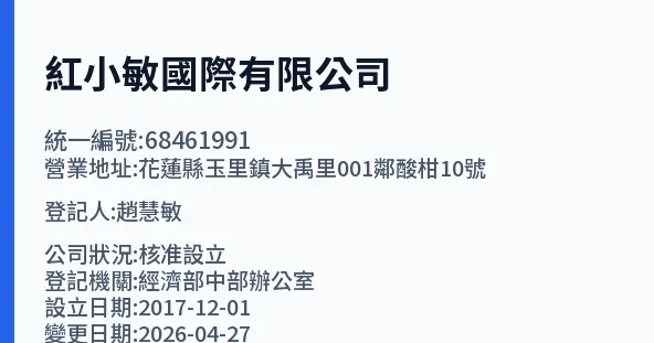 紅小敏國際有限公司的照片-統編 68461991(花蓮縣) 公司登記資料與營業項目詳細圖表