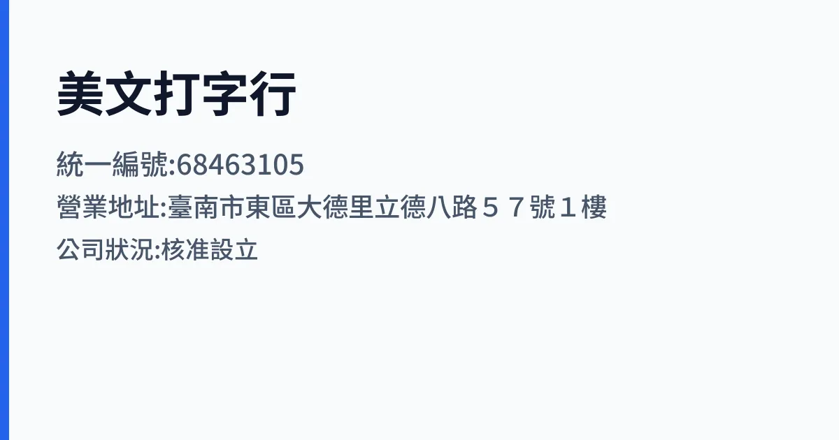 美文打字行 - 統編 68463105(臺南市) 公司登記資料與營業項目詳細圖表