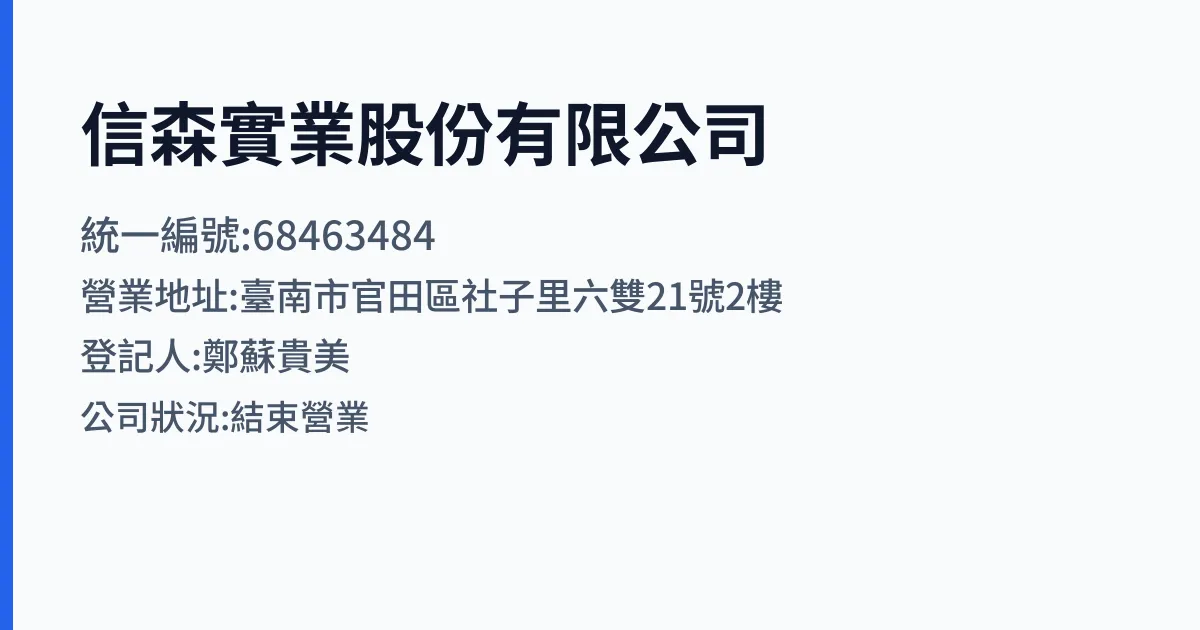 信森實業股份有限公司 - 統編 68463484(臺南市) 公司登記資料與營業項目詳細圖表