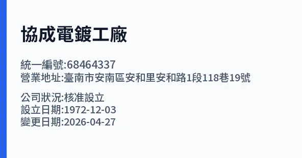 協成電鍍工廠的照片-統編 68464337(臺南市) 公司登記資料與營業項目詳細圖表