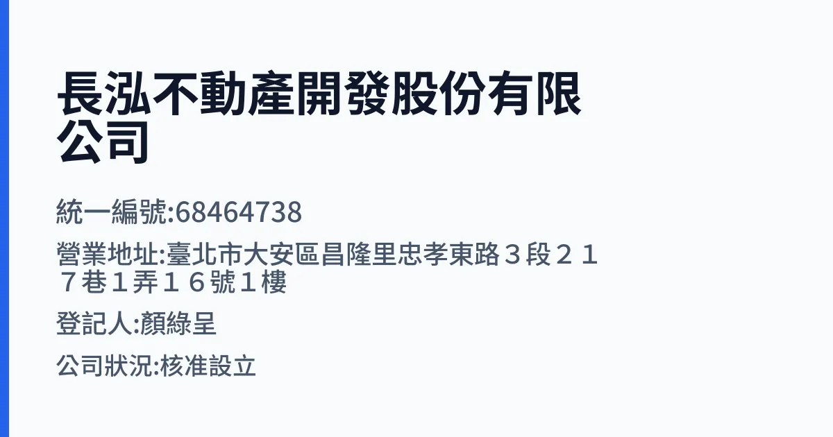 長泓不動產開發股份有限公司 - 統編 68464738(臺北市) 公司登記資料與營業項目詳細圖表