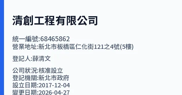清創工程有限公司的照片-統編 68465862(新北市) 公司登記資料與營業項目詳細圖表